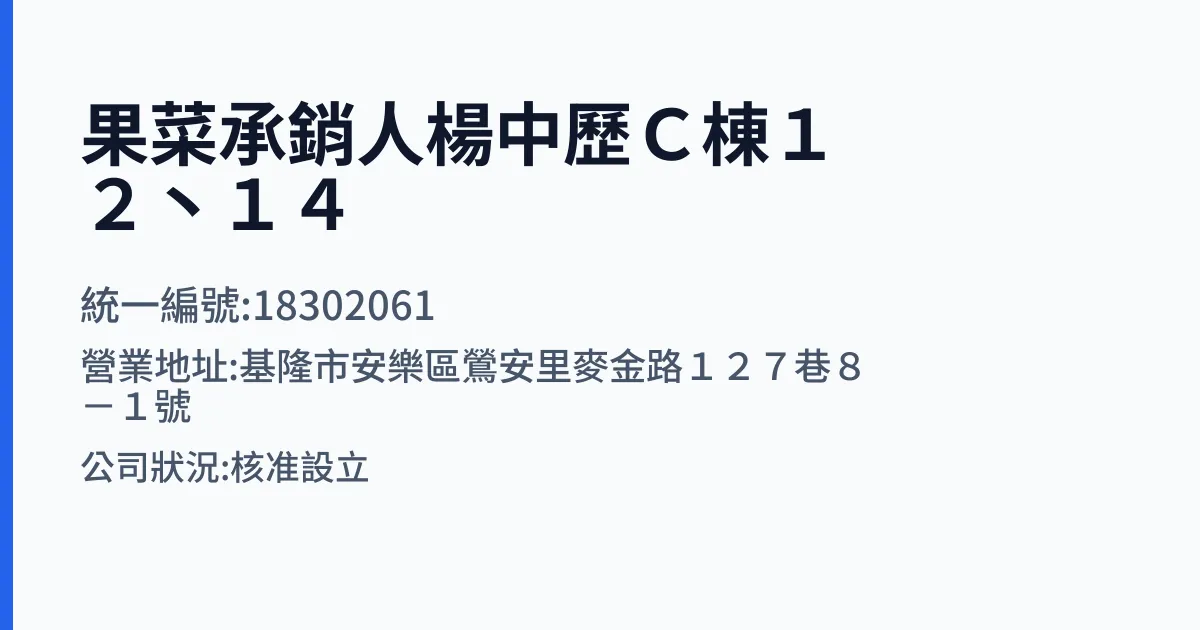 果菜承銷人楊中歷C棟12丶14 - 統編 18302061(基隆市) 公司登記資料與營業項目詳細圖表