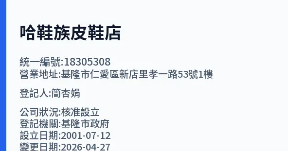 哈鞋族皮鞋店的照片-統編 18305308(基隆市) 公司登記資料與營業項目詳細圖表