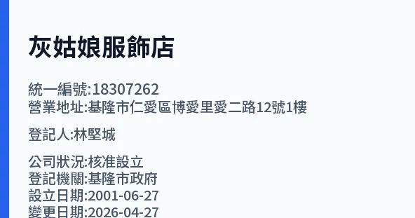 灰姑娘服飾店的照片-統編 18307262(基隆市) 公司登記資料與營業項目詳細圖表
