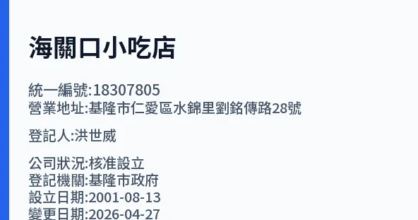 海關口小吃店的照片-統編 18307805(基隆市) 公司登記資料與營業項目詳細圖表