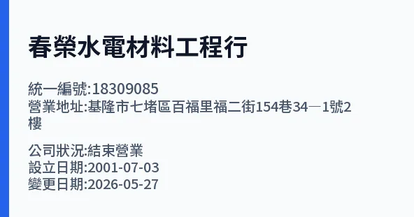 春榮水電材料工程行的照片-統編 18309085(基隆市) 公司登記資料與營業項目詳細圖表