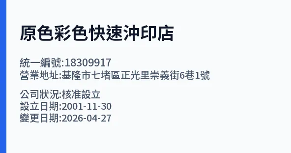 原色彩色快速沖印店的照片-統編 18309917(基隆市) 公司登記資料與營業項目詳細圖表