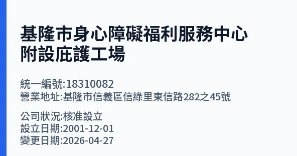 基隆市身心障礙福利服務中心附設庇護工場的照片-統編 18310082(基隆市) 公司登記資料與營業項目詳細圖表