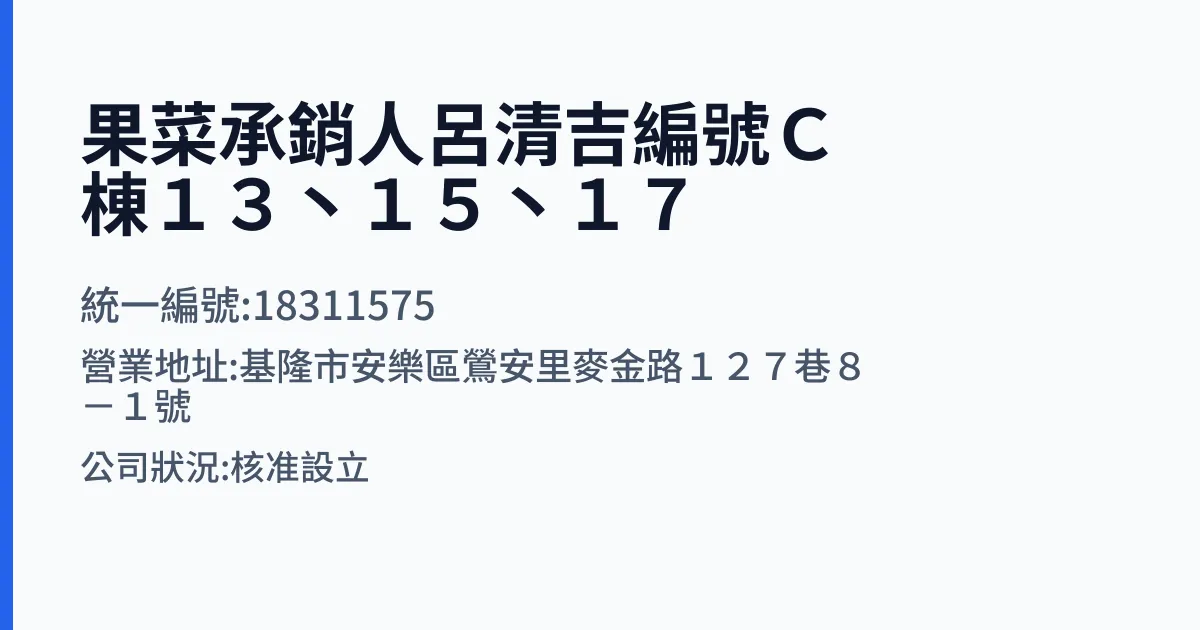 果菜承銷人呂清吉編號Ｃ棟１３丶１５丶１７ - 統編 18311575(基隆市) 公司登記資料與營業項目詳細圖表