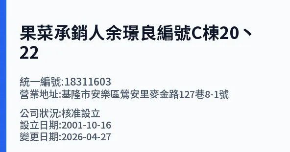 果菜承銷人余璟良編號C棟20丶22的照片-統編 18311603(基隆市) 公司登記資料與營業項目詳細圖表