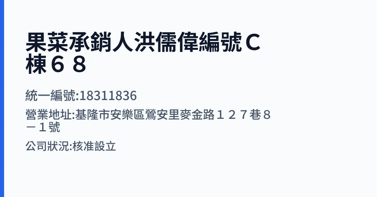 果菜承銷人洪儒偉編號C棟68 - 統編 18311836(基隆市) 公司登記資料與營業項目詳細圖表