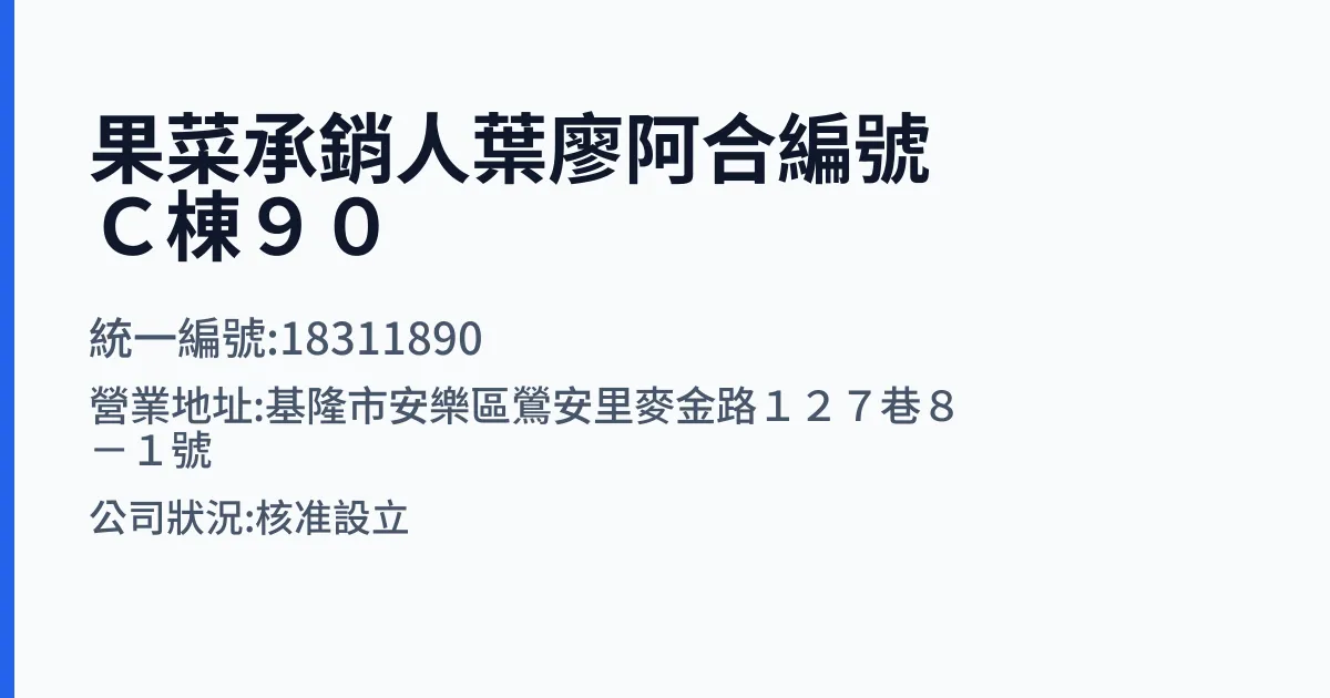 果菜承銷人葉廖阿合編號Ｃ棟９０ - 統編 18311890(基隆市) 公司登記資料與營業項目詳細圖表