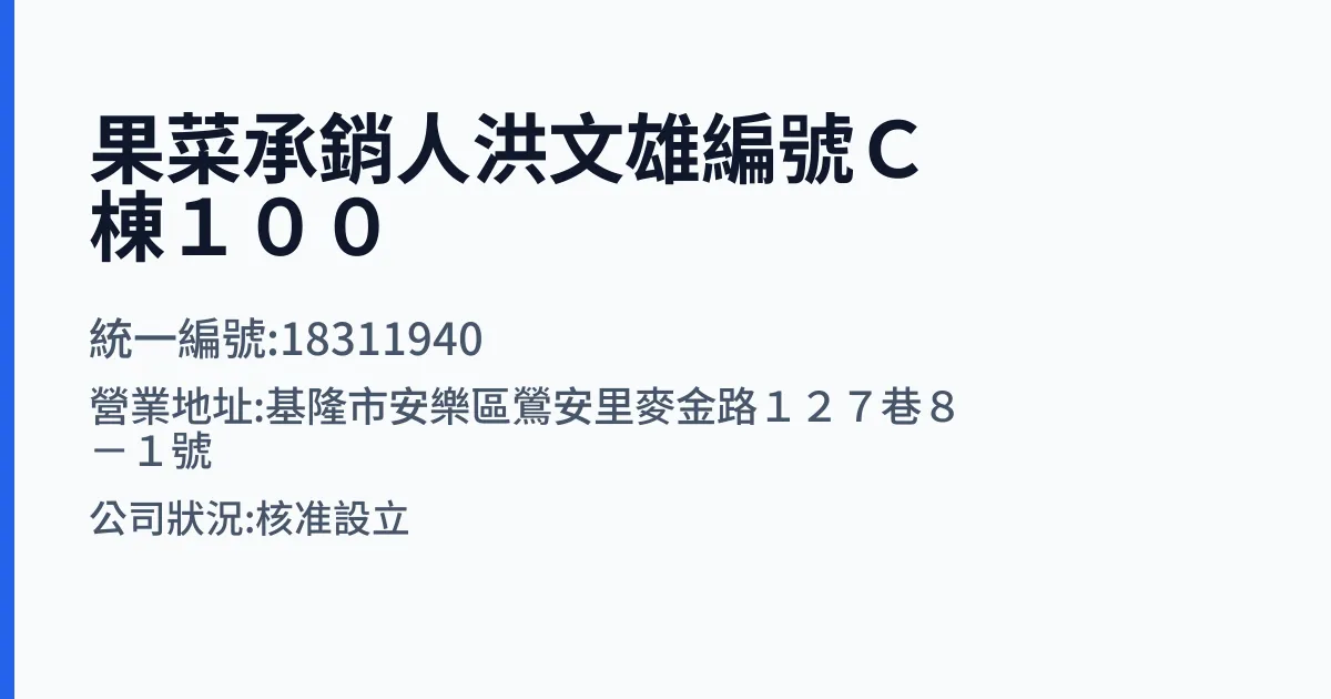 果菜承銷人洪文雄編號C棟100 - 統編 18311940(基隆市) 公司登記資料與營業項目詳細圖表