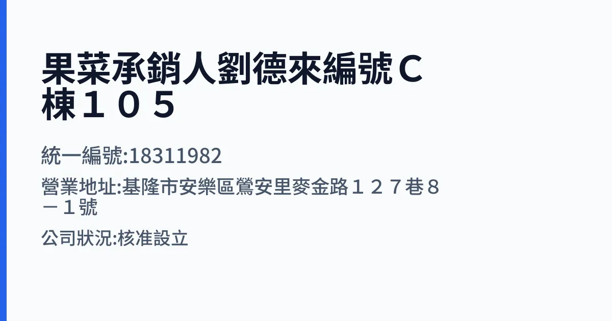 果菜承銷人劉德來編號C棟105 - 統編 18311982(基隆市) 公司登記資料與營業項目詳細圖表