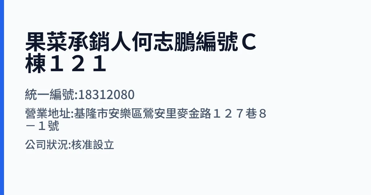 果菜承銷人何志鵬編號C棟121 - 統編 18312080(基隆市) 公司登記資料與營業項目詳細圖表