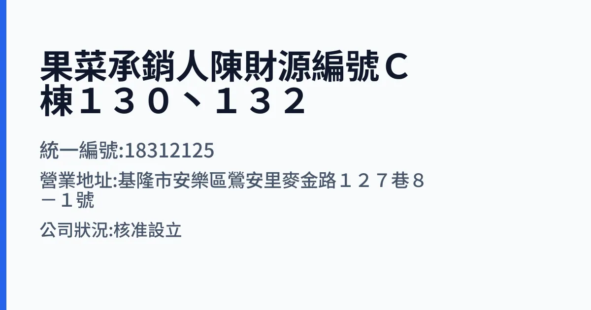 果菜承銷人陳財源編號Ｃ棟１３０丶１３２ - 統編 18312125(基隆市) 公司登記資料與營業項目詳細圖表