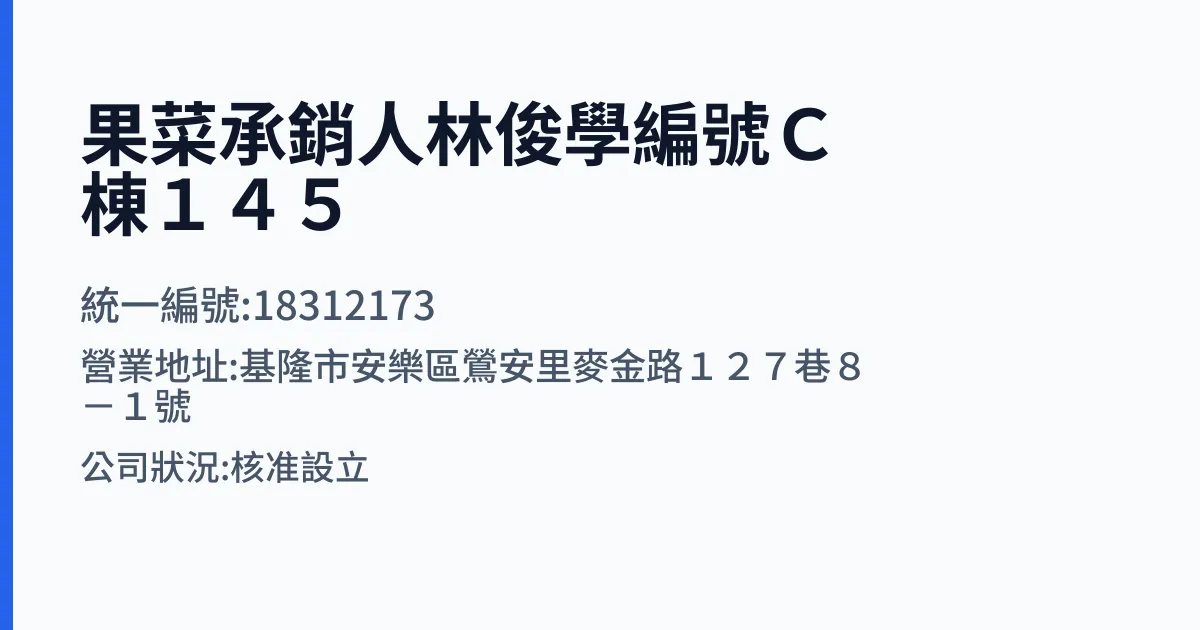 果菜承銷人林俊學編號C棟145 - 統編 18312173(基隆市) 公司登記資料與營業項目詳細圖表