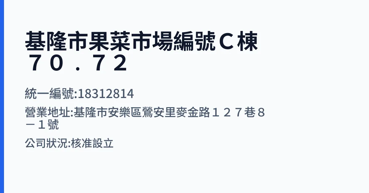 基隆市果菜市場編號C棟70﹒72 - 統編 18312814(基隆市) 公司登記資料與營業項目詳細圖表