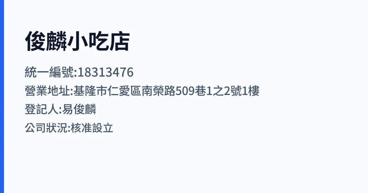俊麟小吃店 - 統編 18313476(基隆市) 公司登記資料與營業項目詳細圖表