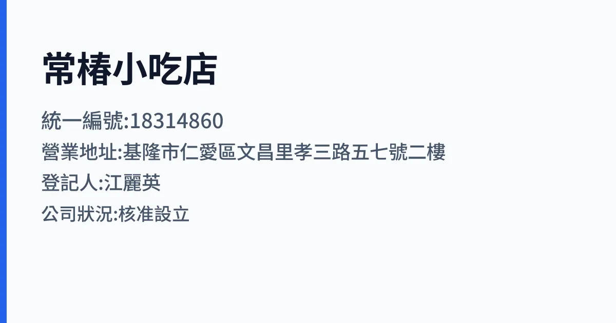 常椿小吃店 - 統編 18314860(基隆市) 公司登記資料與營業項目詳細圖表