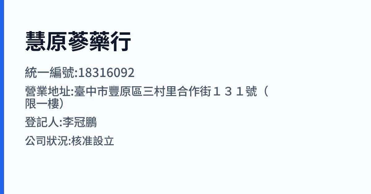 慧原蔘藥行 - 統編 18316092(臺中市) 公司登記資料與營業項目詳細圖表