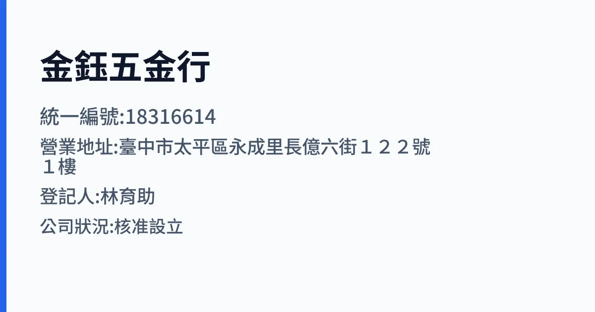 金鈺五金行 - 統編 18316614(臺中市) 公司登記資料與營業項目詳細圖表