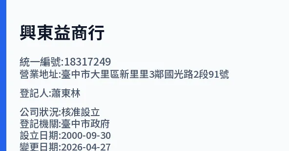 興東益商行的照片-統編 18317249(臺中市) 公司登記資料與營業項目詳細圖表