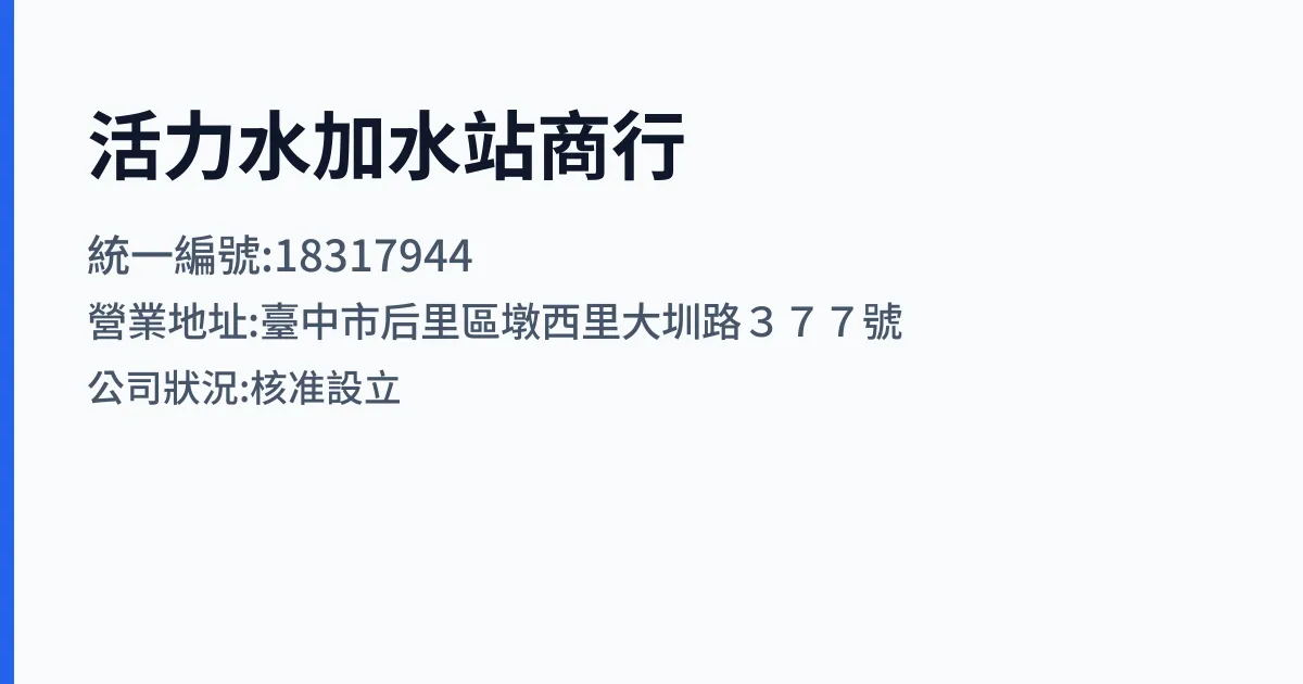 活力水加水站商行 - 統編 18317944(臺中市) 公司登記資料與營業項目詳細圖表