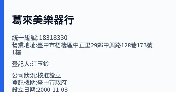 葛來美樂器行的照片-統編 18318330(臺中市) 公司登記資料與營業項目詳細圖表