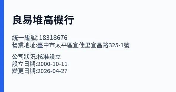 良易堆高機行的照片-統編 18318676(臺中市) 公司登記資料與營業項目詳細圖表