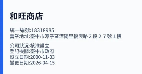 和旺商店的照片-統編 18318985(臺中市) 公司登記資料與營業項目詳細圖表