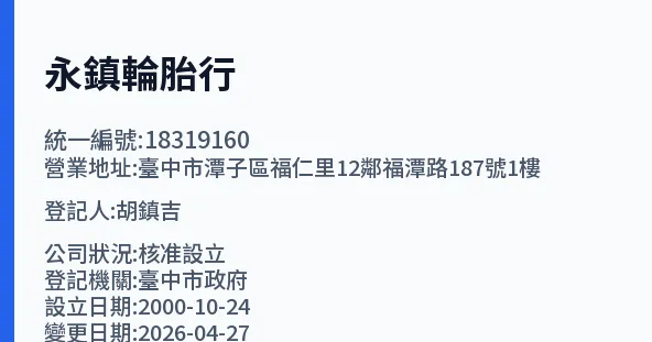 永鎮輪胎行的照片-統編 18319160(臺中市) 公司登記資料與營業項目詳細圖表
