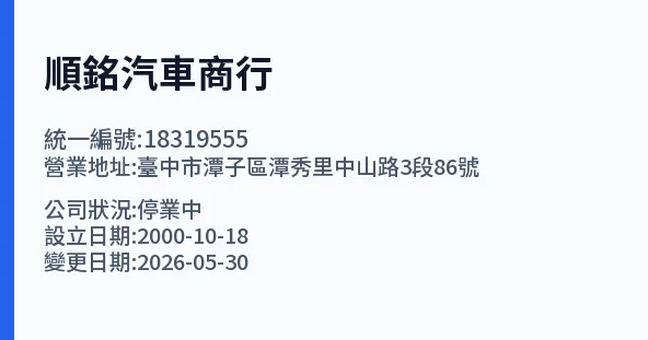 順銘汽車商行的照片-統編 18319555(臺中市) 公司登記資料與營業項目詳細圖表