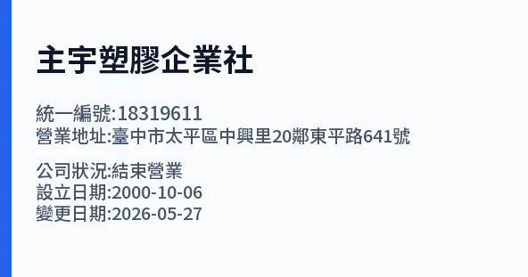 主宇塑膠企業社的照片-統編 18319611(臺中市) 公司登記資料與營業項目詳細圖表