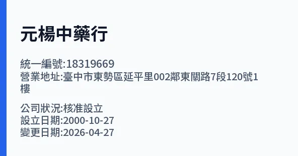 元楊中藥行的照片-統編 18319669(臺中市) 公司登記資料與營業項目詳細圖表