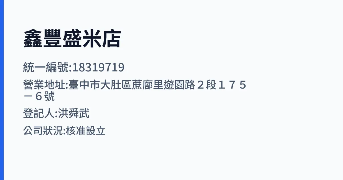 鑫豐盛米店 - 統編 18319719(臺中市) 公司登記資料與營業項目詳細圖表