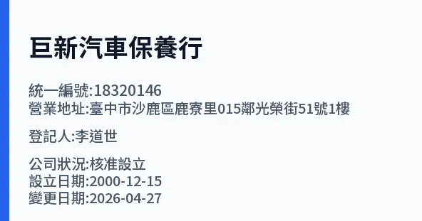 巨新汽車保養行的照片-統編 18320146(臺中市) 公司登記資料與營業項目詳細圖表