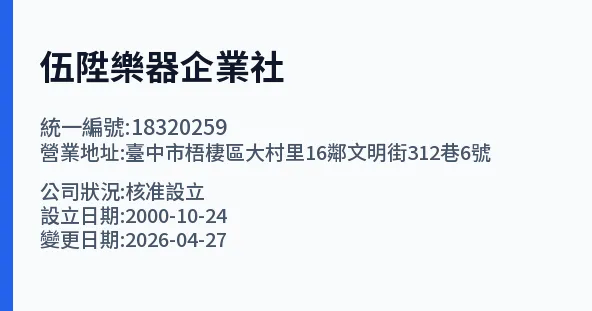 伍陞樂器企業社的照片-統編 18320259(臺中市) 公司登記資料與營業項目詳細圖表