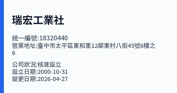 瑞宏工業社的照片-統編 18320440(臺中市) 公司登記資料與營業項目詳細圖表