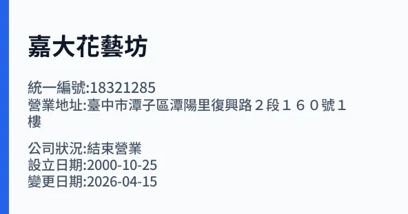 嘉大花藝坊的照片-統編 18321285(臺中市) 公司登記資料與營業項目詳細圖表