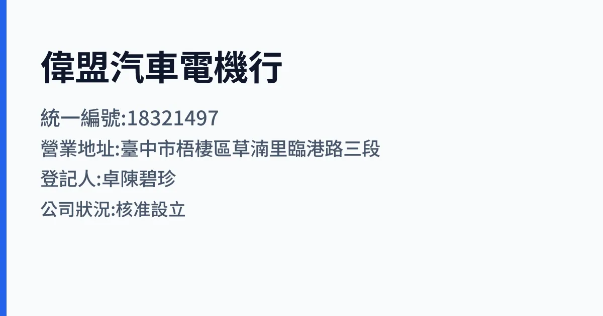 偉盟汽車電機行 - 統編 18321497(臺中市) 公司登記資料與營業項目詳細圖表