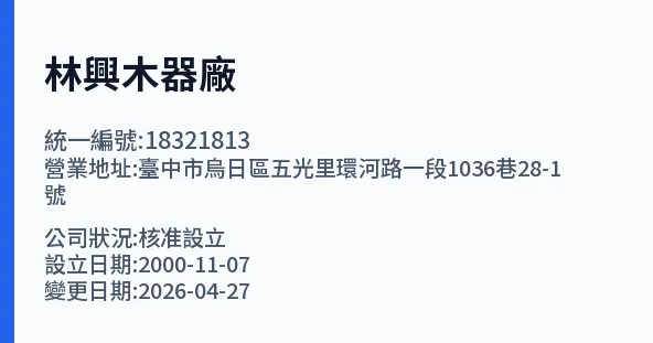 林興木器廠的照片-統編 18321813(臺中市) 公司登記資料與營業項目詳細圖表