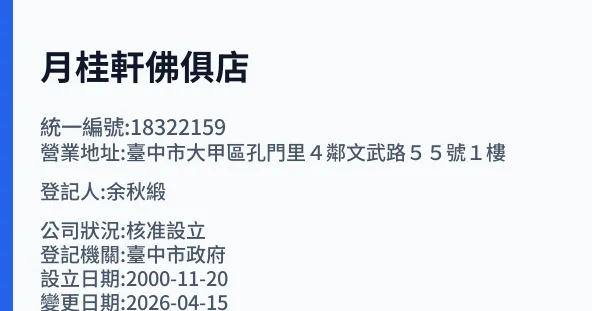 月桂軒佛俱店的照片-統編 18322159(臺中市) 公司登記資料與營業項目詳細圖表