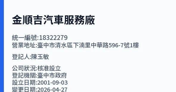 金順吉汽車服務廠的照片-統編 18322279(臺中市) 公司登記資料與營業項目詳細圖表