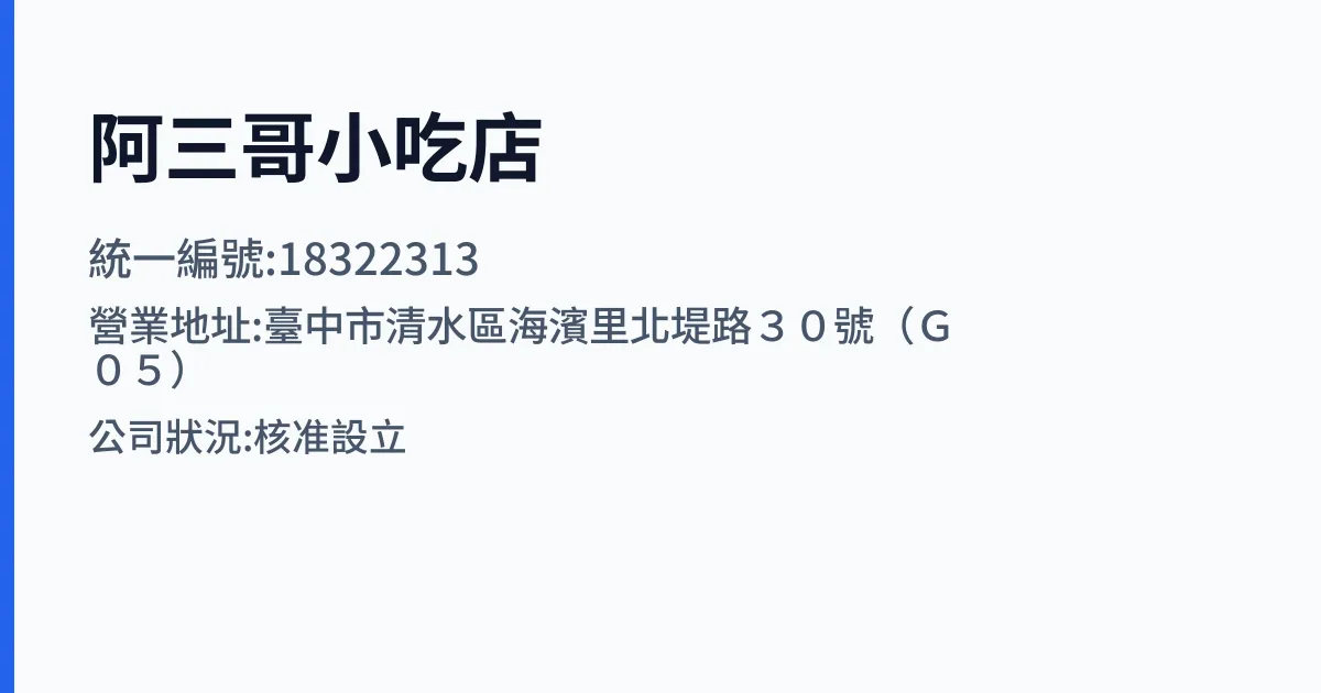 阿三哥小吃店 - 統編 18322313(臺中市) 公司登記資料與營業項目詳細圖表