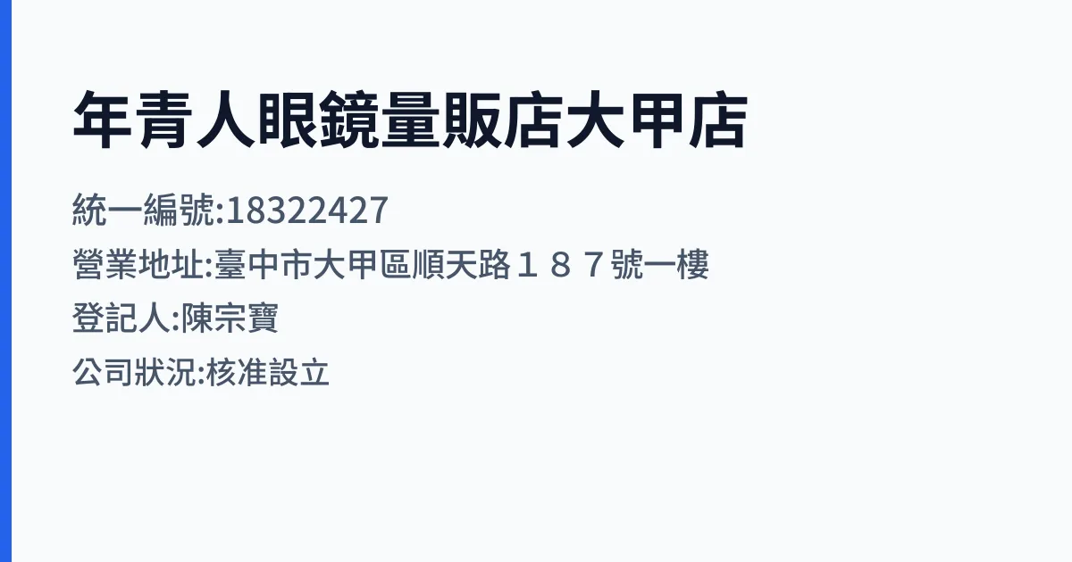 年青人眼鏡量販店大甲店 - 統編 18322427(臺中市) 公司登記資料與營業項目詳細圖表