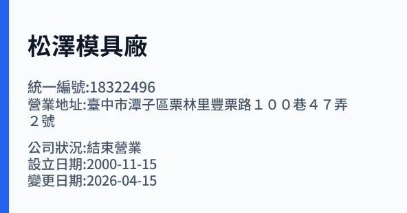 松澤模具廠的照片-統編 18322496(臺中市) 公司登記資料與營業項目詳細圖表