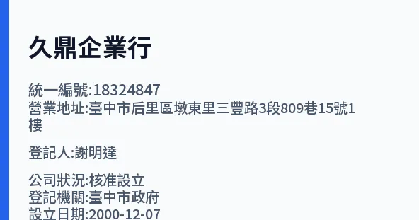 久鼎企業行的照片-統編 18324847(臺中市) 公司登記資料與營業項目詳細圖表