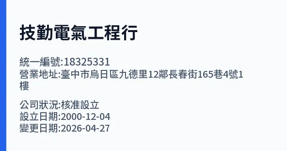 技勤電氣工程行的照片-統編 18325331(臺中市) 公司登記資料與營業項目詳細圖表