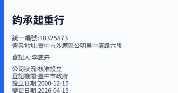 鈞承起重行的照片-統編 18325873(臺中市) 公司登記資料與營業項目詳細圖表