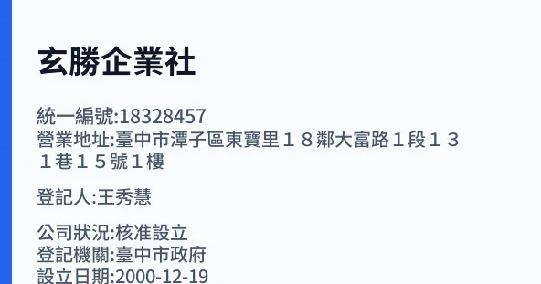 玄勝企業社的照片-統編 18328457(臺中市) 公司登記資料與營業項目詳細圖表
