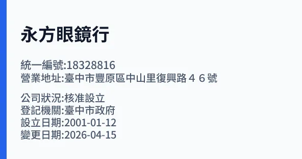 永方眼鏡行的照片-統編 18328816(臺中市) 公司登記資料與營業項目詳細圖表