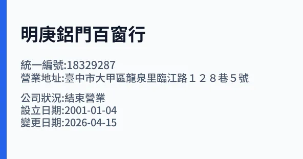 明庚鋁門百窗行的照片-統編 18329287(臺中市) 公司登記資料與營業項目詳細圖表