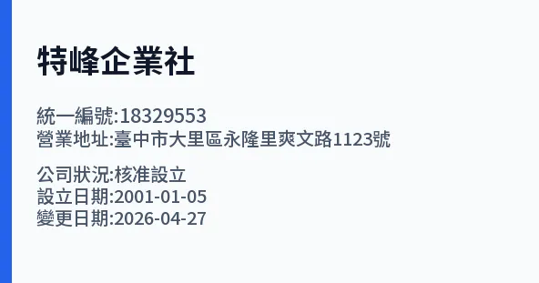 特峰企業社的照片-統編 18329553(臺中市) 公司登記資料與營業項目詳細圖表