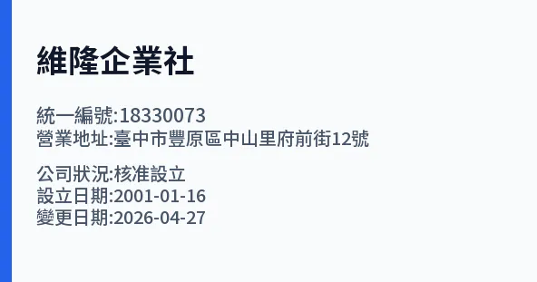 維隆企業社的照片-統編 18330073(臺中市) 公司登記資料與營業項目詳細圖表